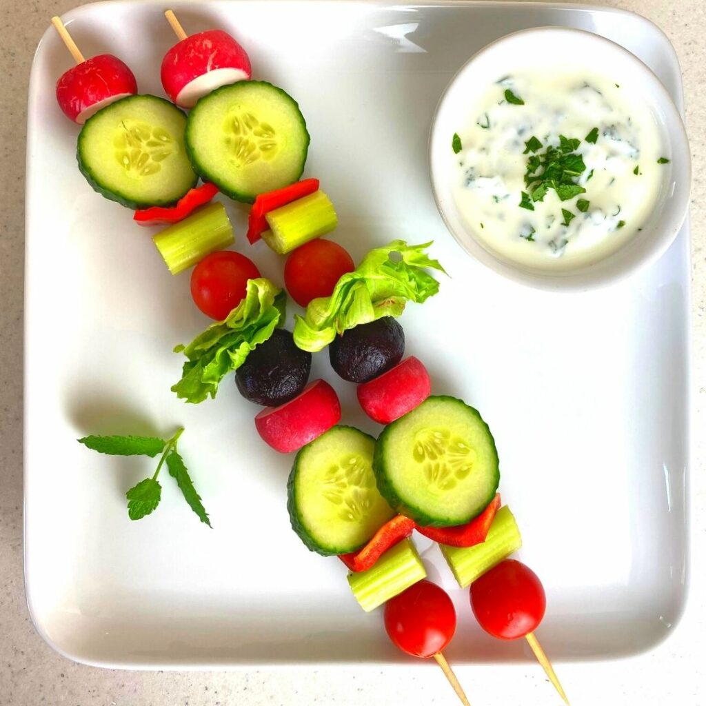 Zoe's Summer-on-a-Stick Salad Sticks with Yogurt-Mint Dip - Veg Power